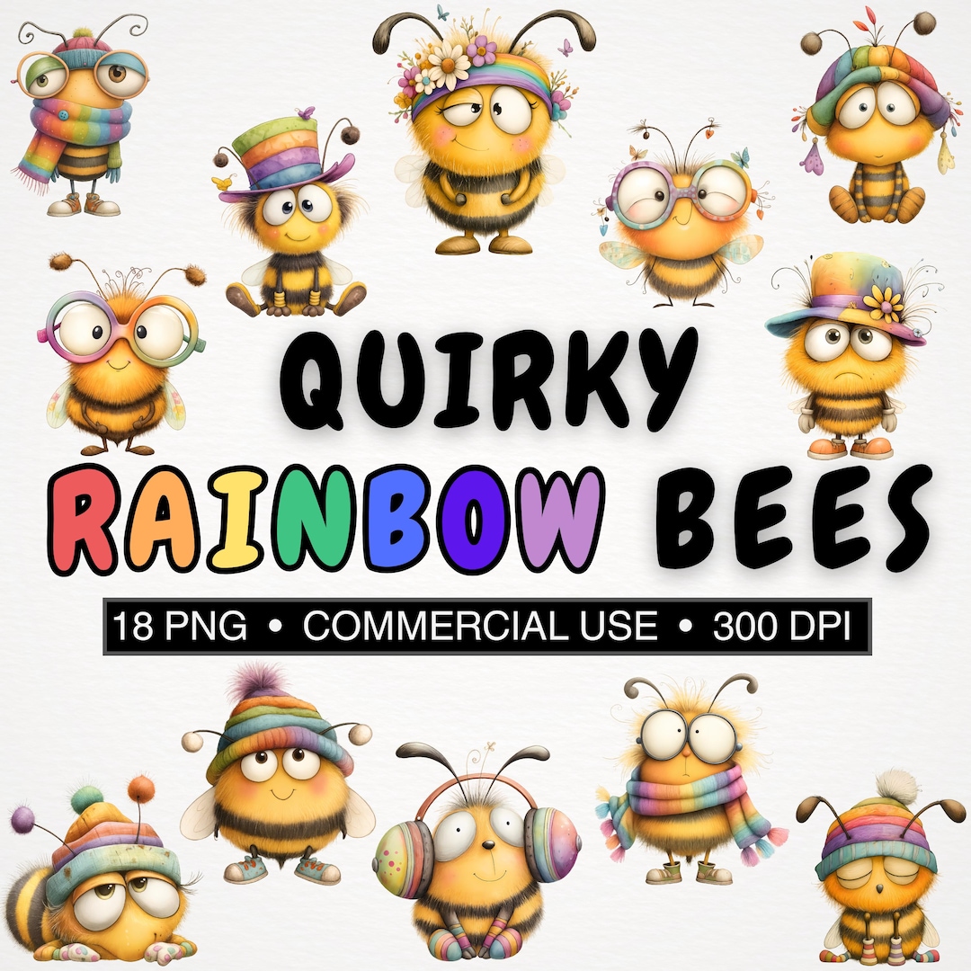 Quirky Rainbow Bees Clipart Bundle| 18 Cute Bumblebee PNG at 300 DPI ...