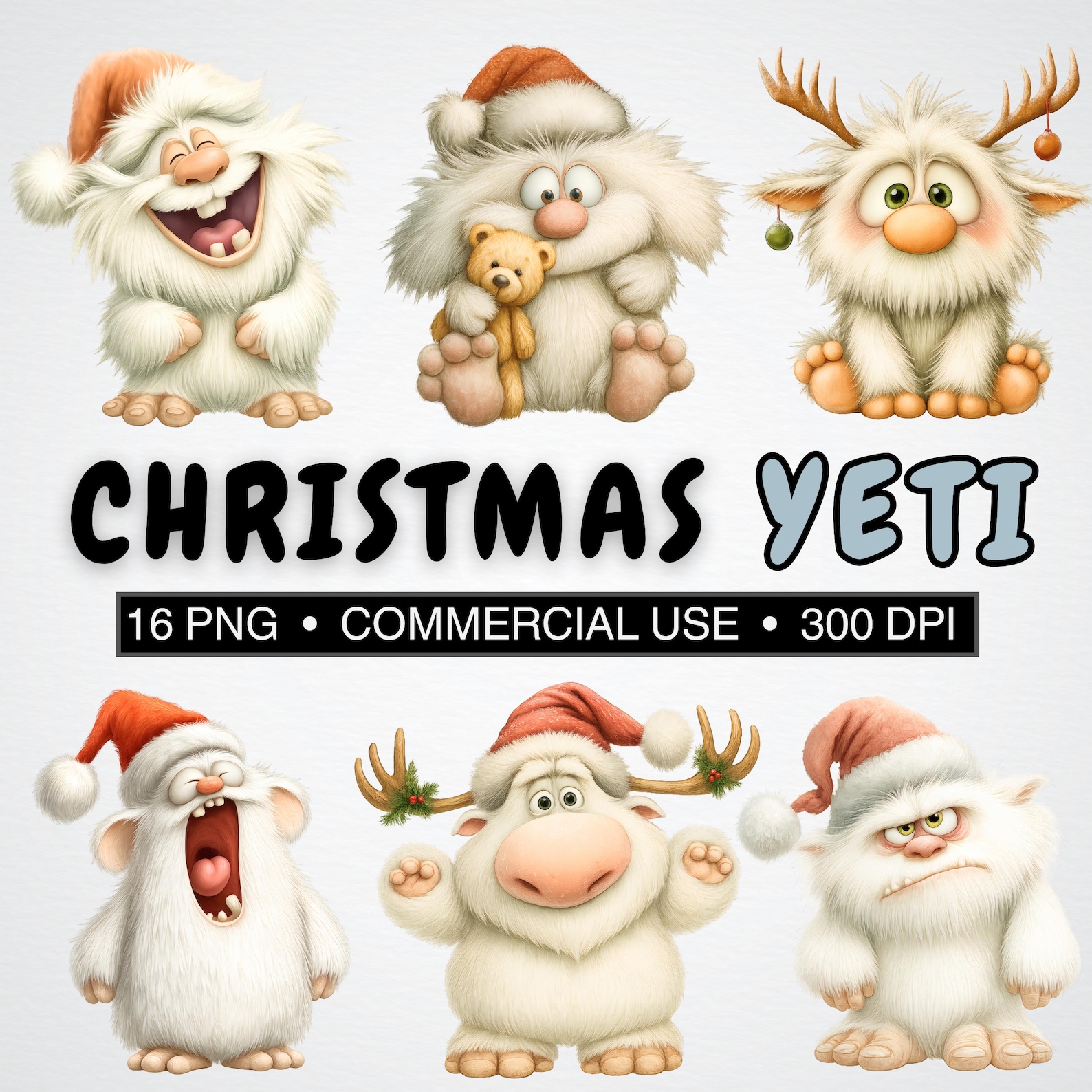 Christmas Yeti Clipart Bundle| 16 Cute Holiday Monster PNG at 300 DPI ...