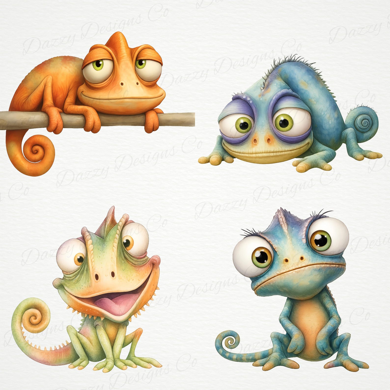 Quirky Chameleons Clipart Bundle| 17 Colorful Cartoon Lizard PNG at 300 ...