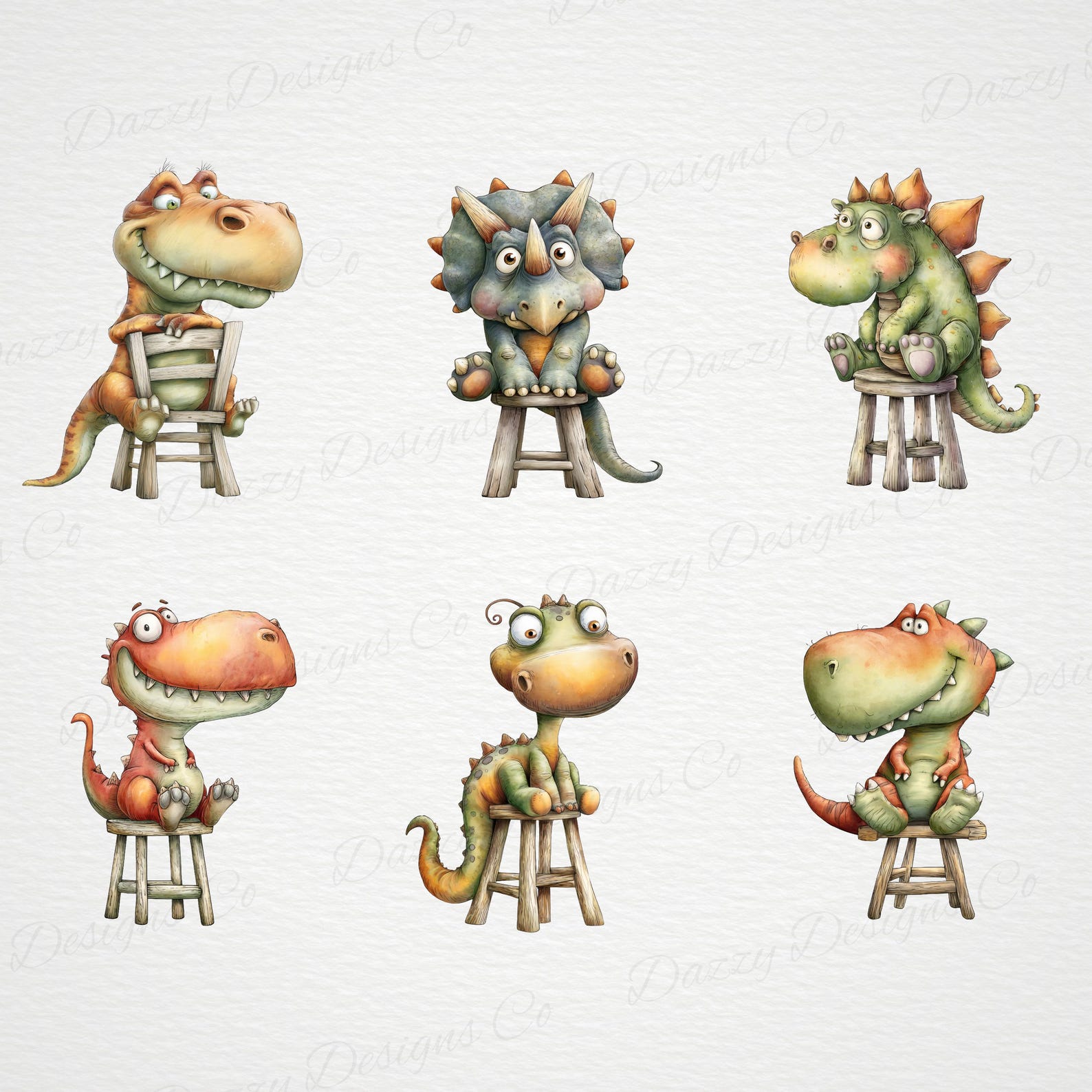 Quirky Sitting Dinosaurs Clipart Bundle| 17 Funny Dino on Stool and ...