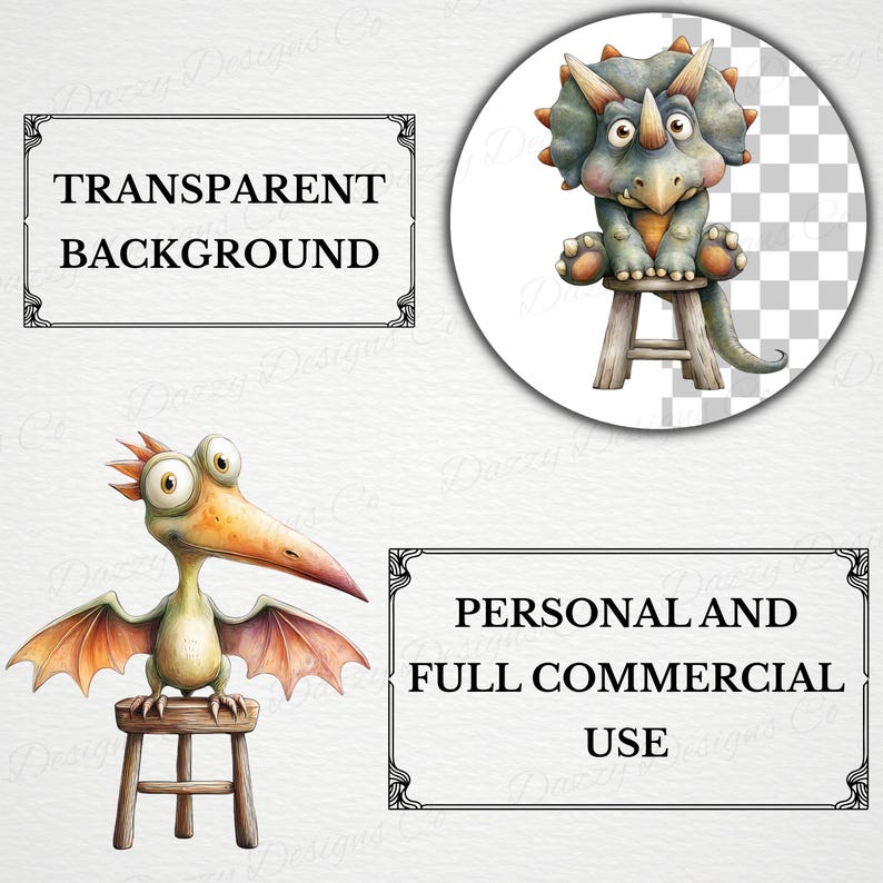 Quirky Sitting Dinosaurs Clipart Bundle| 17 Funny Dino on Stool and ...