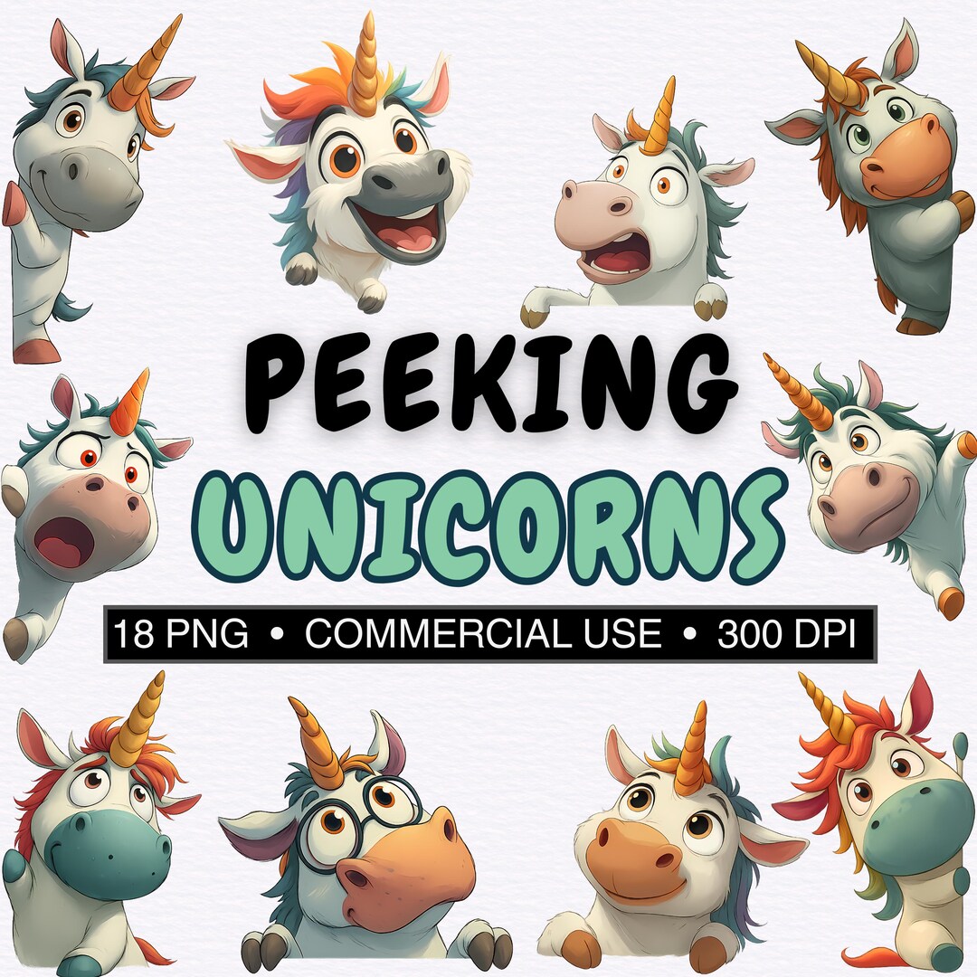 Quirky Peeking Unicorns Clipart Bundle| 18 Funny Animal Peeker PNG at ...