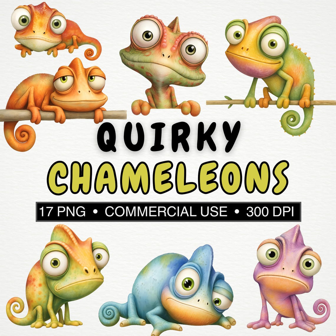 Quirky Chameleons Clipart Bundle| 17 Colorful Cartoon Lizard PNG at 300 ...