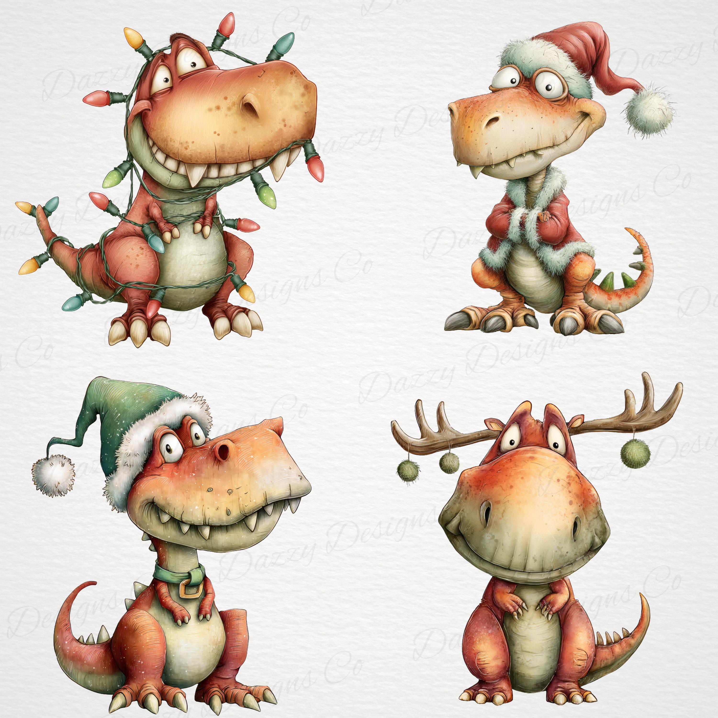 Christmas T-rex Clipart Bundle| 13 Funny Holiday Dinosaur PNG at 300 ...