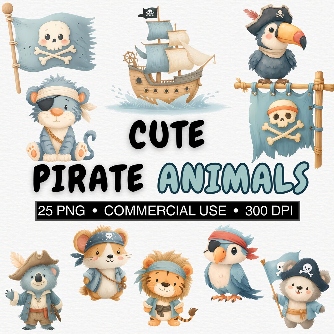Cute Pirate Animals Clipart Bundle| 25 Nursery Wall Art PNG at 300 DPI ...