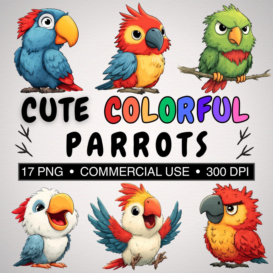 17 Cute Colorful Parrots Clipart Bundle| Adorable Cartoon Birds PNG at ...