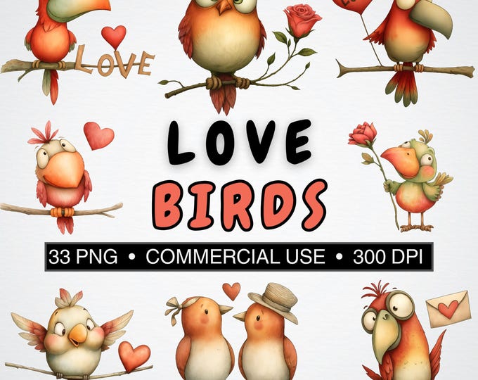 10 Quirky Valentine Birds Clip Art, Watercolor JPG, Junk Journaling ...