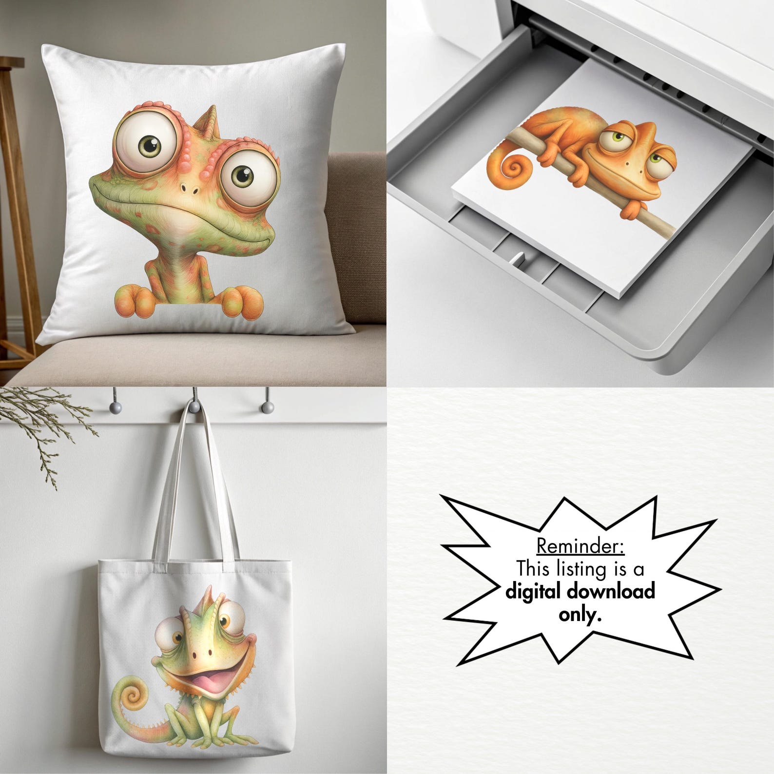 Quirky Chameleons Clipart Bundle| 17 Colorful Cartoon Lizard PNG at 300 ...