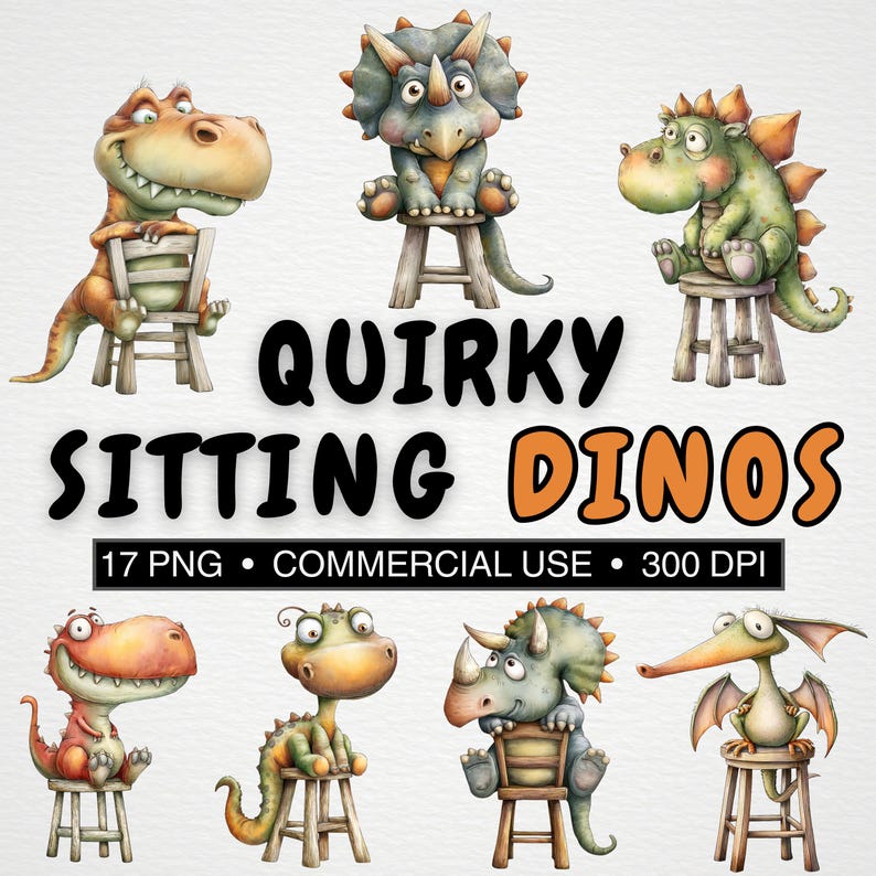 Quirky Sitting Dinosaurs Clipart Bundle| 17 Funny Dino on Stool and ...