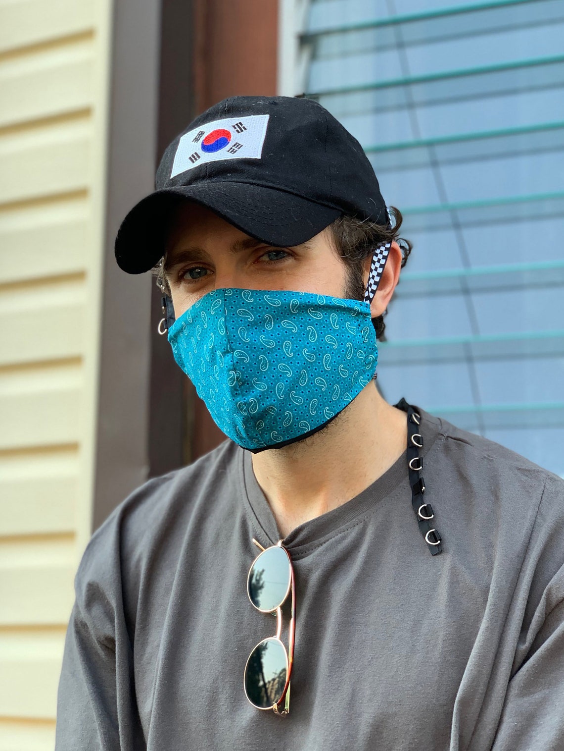 Reversible Streetwear Mask Black/ Retro Turquoise Print with 2 ...