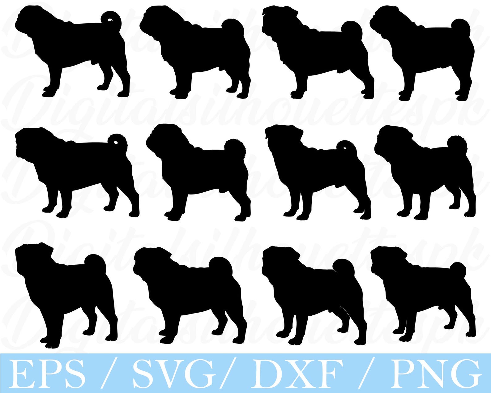 Pug Dog Svg, Pug Dog Silhouette, Dxf, Png - Etsy
