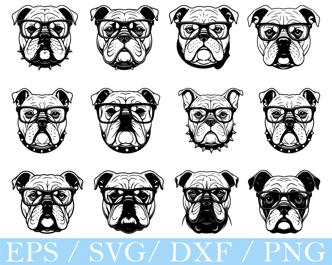 Bulldog Head Wearing Glasses Svg, Silhouette, Dxf, Png - Etsy