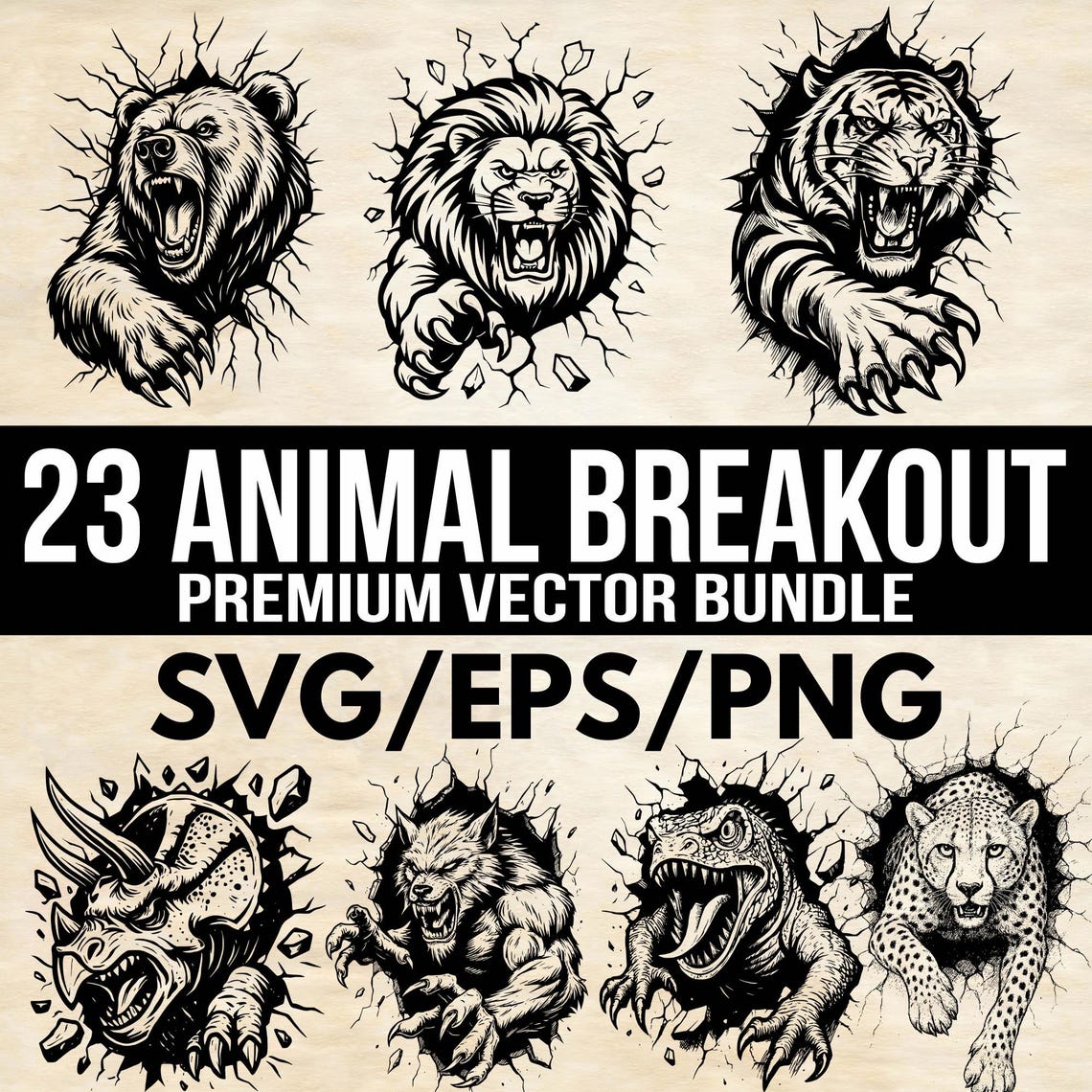 23 Animal Breakout Crash SVG & PNG Bundle | Black and White Clipart ...