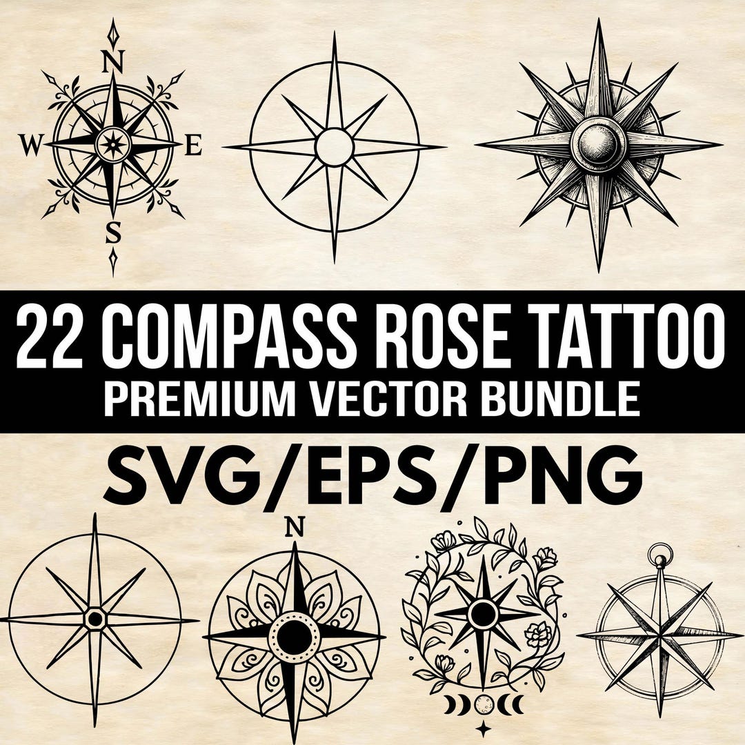 Compass Rose Tattoo Flash Illustration Bundle – 22 Circular Digital ...
