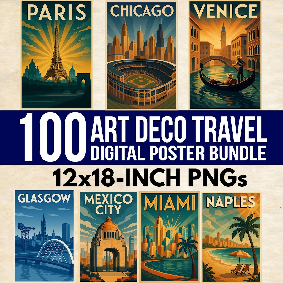 100 Art Deco Travel Posters | PNG Digital Download Bundle | Vintage ...