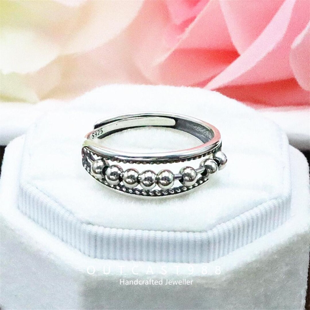 S925 Sterling Silver Adjustable Complex Anxiety Bead Ring/ Fidget Ring ...