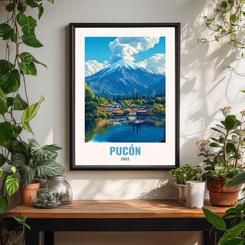 Pucon Chile Volcano Lake Travel Poster | Vintage Mountain Landscape ...