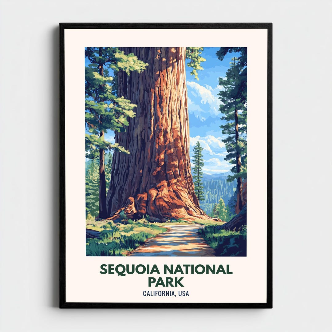 Pôster de viagem do Parque Nacional Sequoia, Califórnia, EUA, arte de ...
