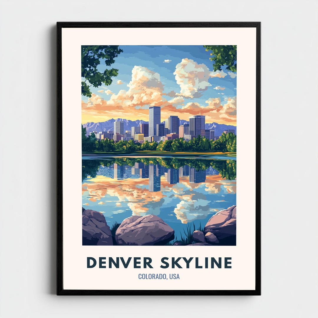Impressão de arte moderna com o horizonte de Denver, Colorado, EUA ...