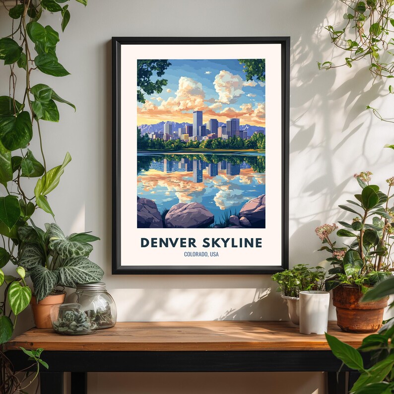 Impressão de arte moderna com o horizonte de Denver, Colorado, EUA ...