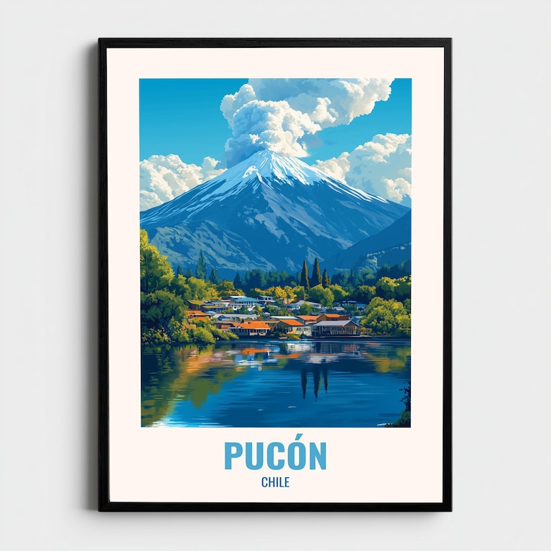 Pucon Chile Volcano Lake Travel Poster | Vintage Mountain Landscape ...