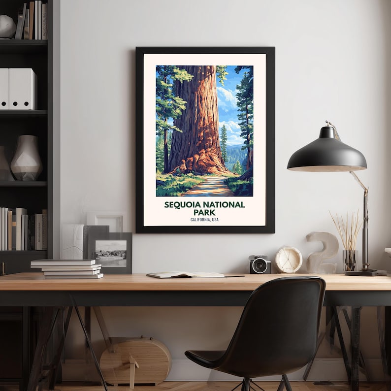 Pôster de viagem do Parque Nacional Sequoia, Califórnia, EUA, arte de ...