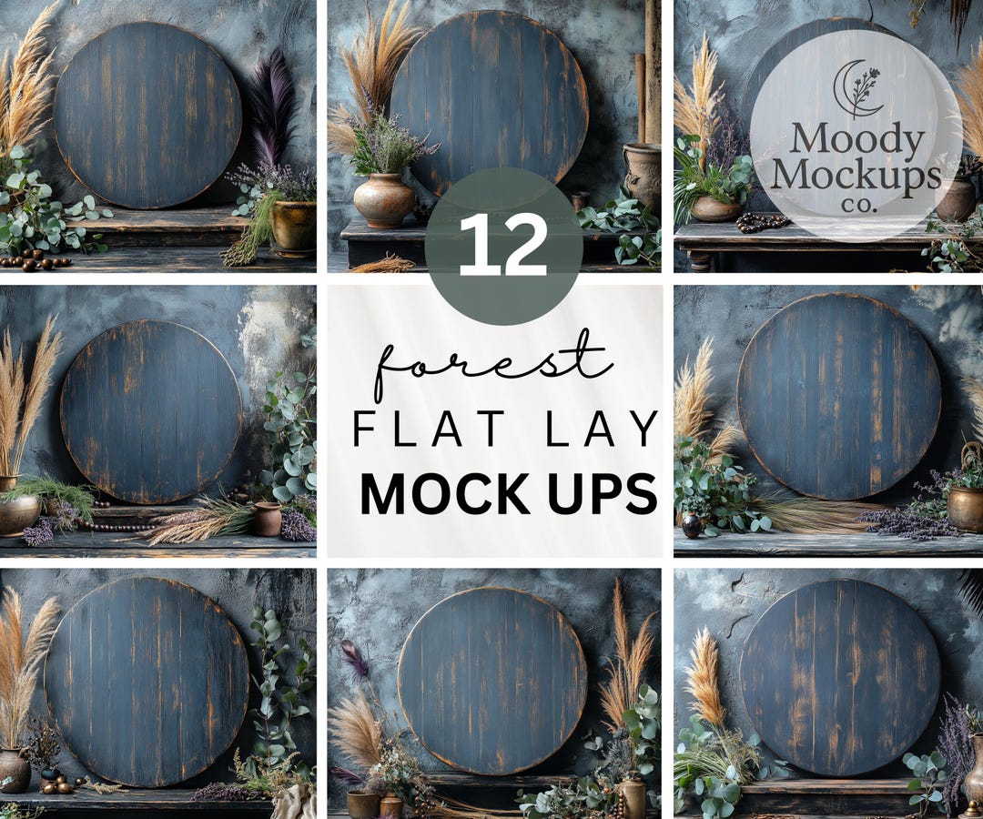 12 Forest Flat Lay Mockups – Moody Round Board Display | Rustic ...
