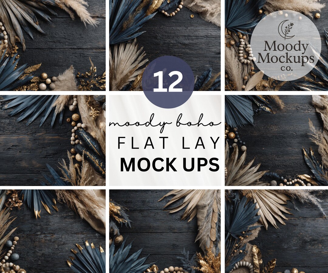 Moody Boho Flat Lay Mockups: Earthy Black Wood Backgrounds (digital ...