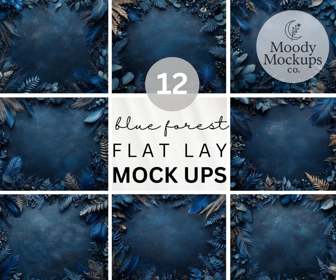 12 Blue Forest Flat Lay Mockups | Moody Botanical Display | Dark Floral ...