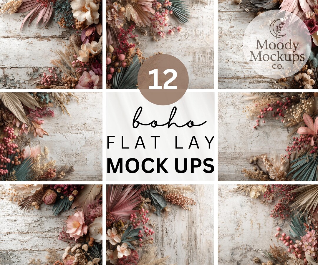 Boho Flat Lay Mockup Bundle - 12 Moody Mockups - Soft Pinks & Weathered ...
