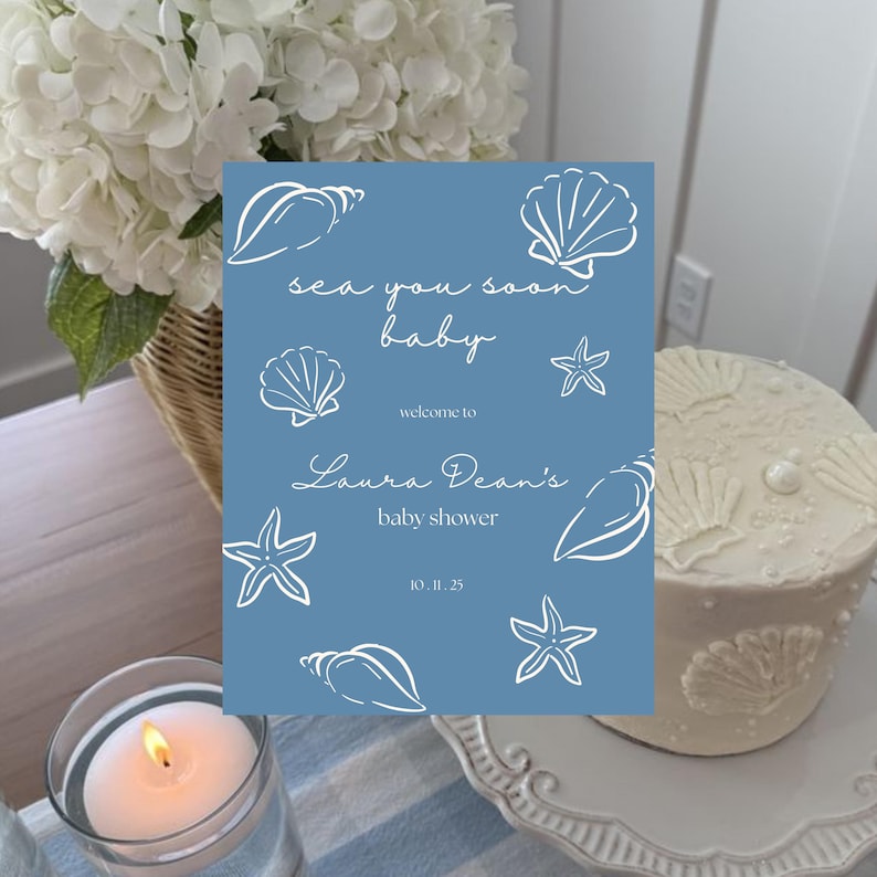 Sea You Soon Baby Shower Welcome Sign | Blue Beach Theme Printable Sign ...
