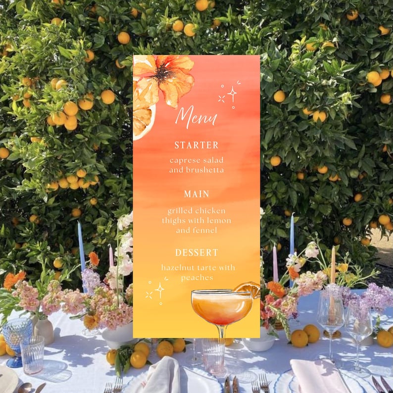 Sunset Soiree Menu Template | Editable Canva File | Orange & Peach ...