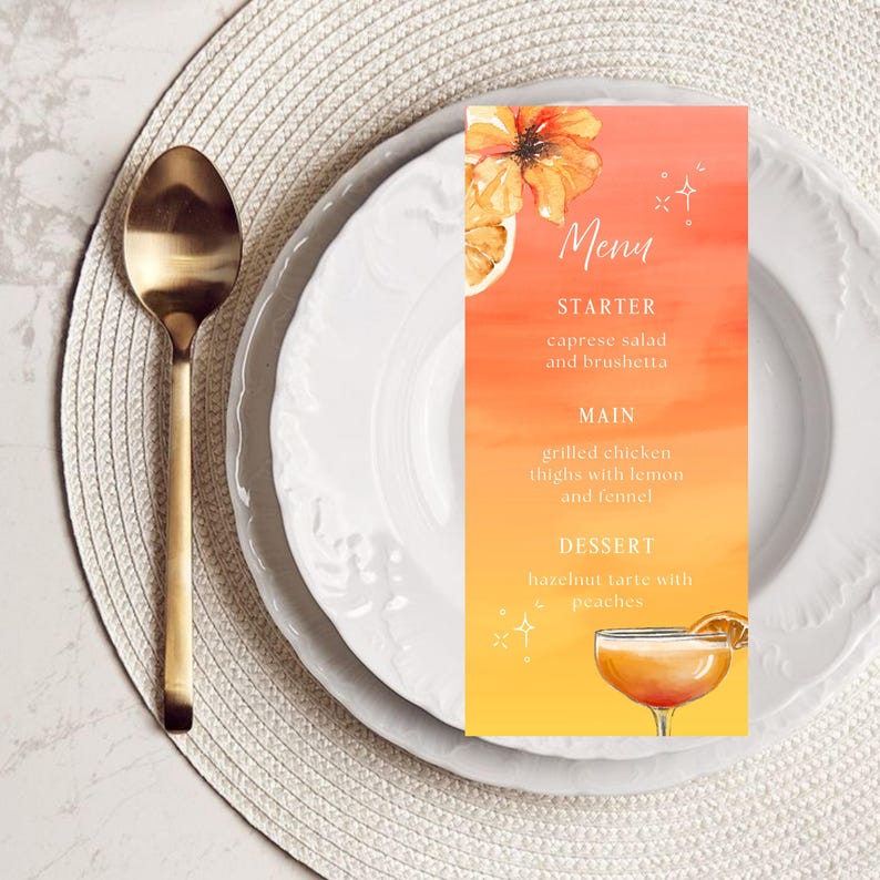 Sunset Soiree Menu Template | Editable Canva File | Orange & Peach ...