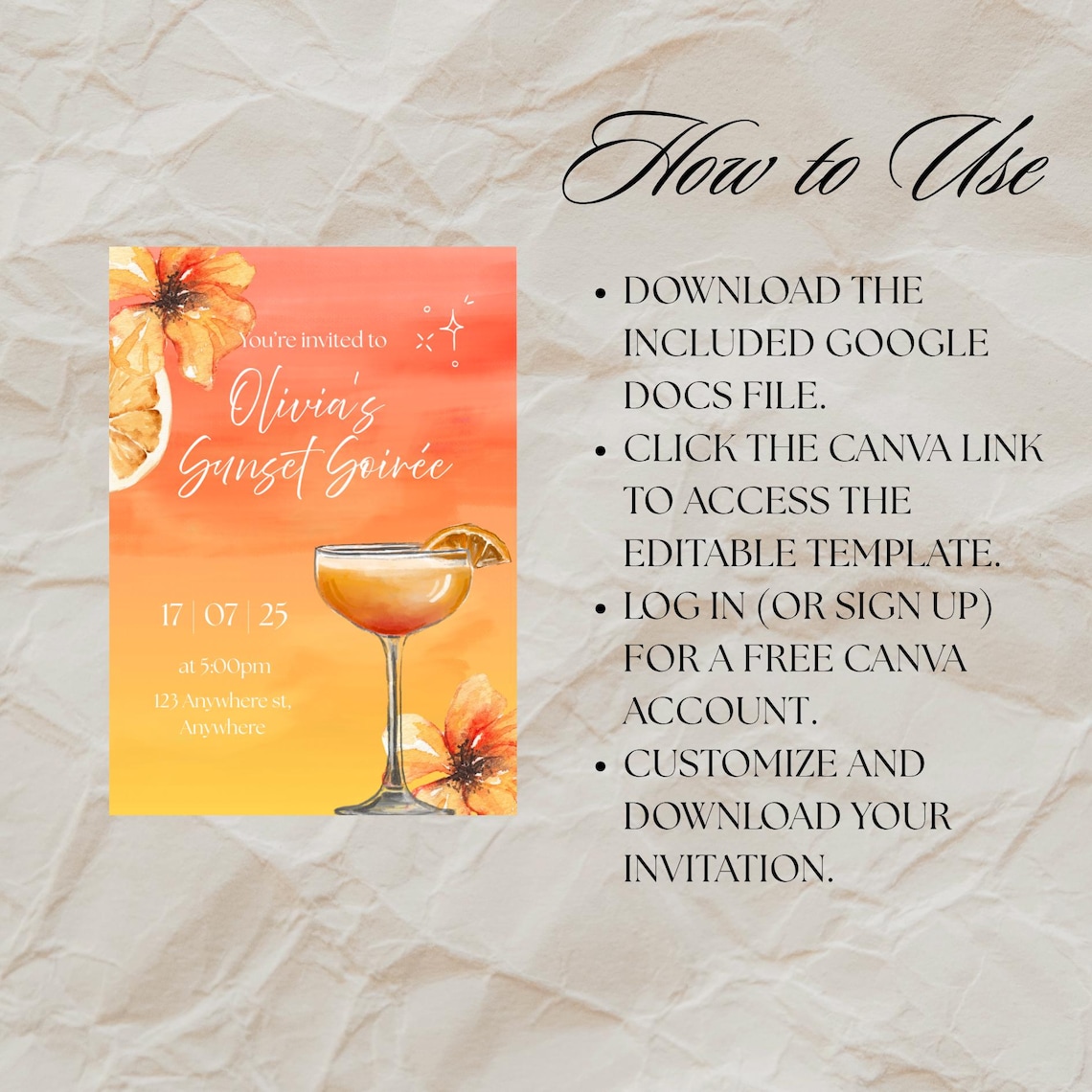 Editable Sunset Soirée Invitation Template | Tropical Summer Birthday ...