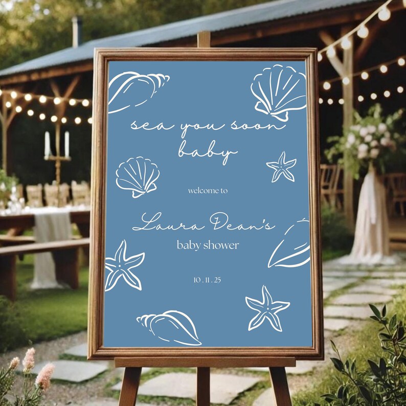 Sea You Soon Baby Shower Welcome Sign | Blue Beach Theme Printable Sign ...