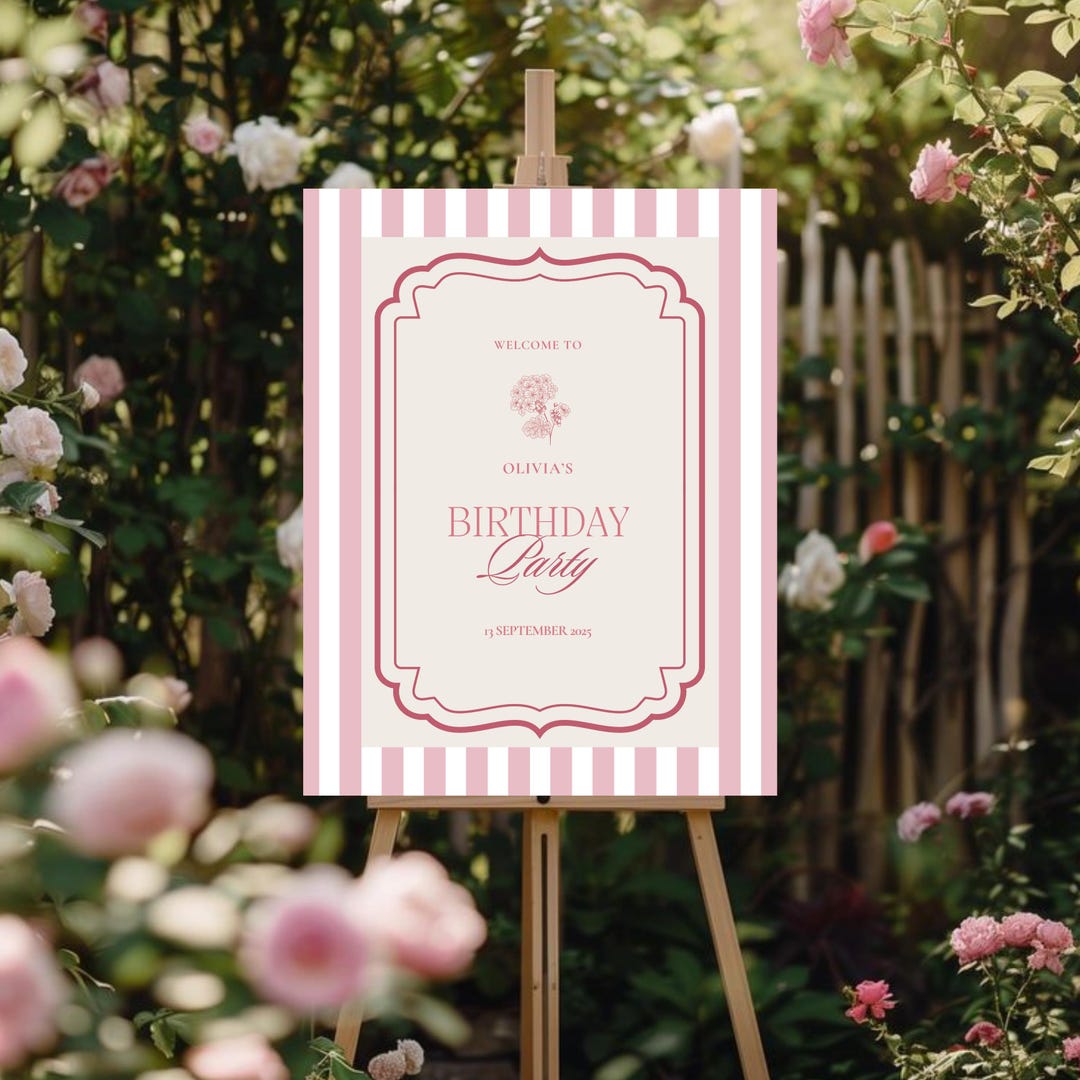 Pink Stripe Birthday Welcome Sign | Editable Party Decor | Matching ...