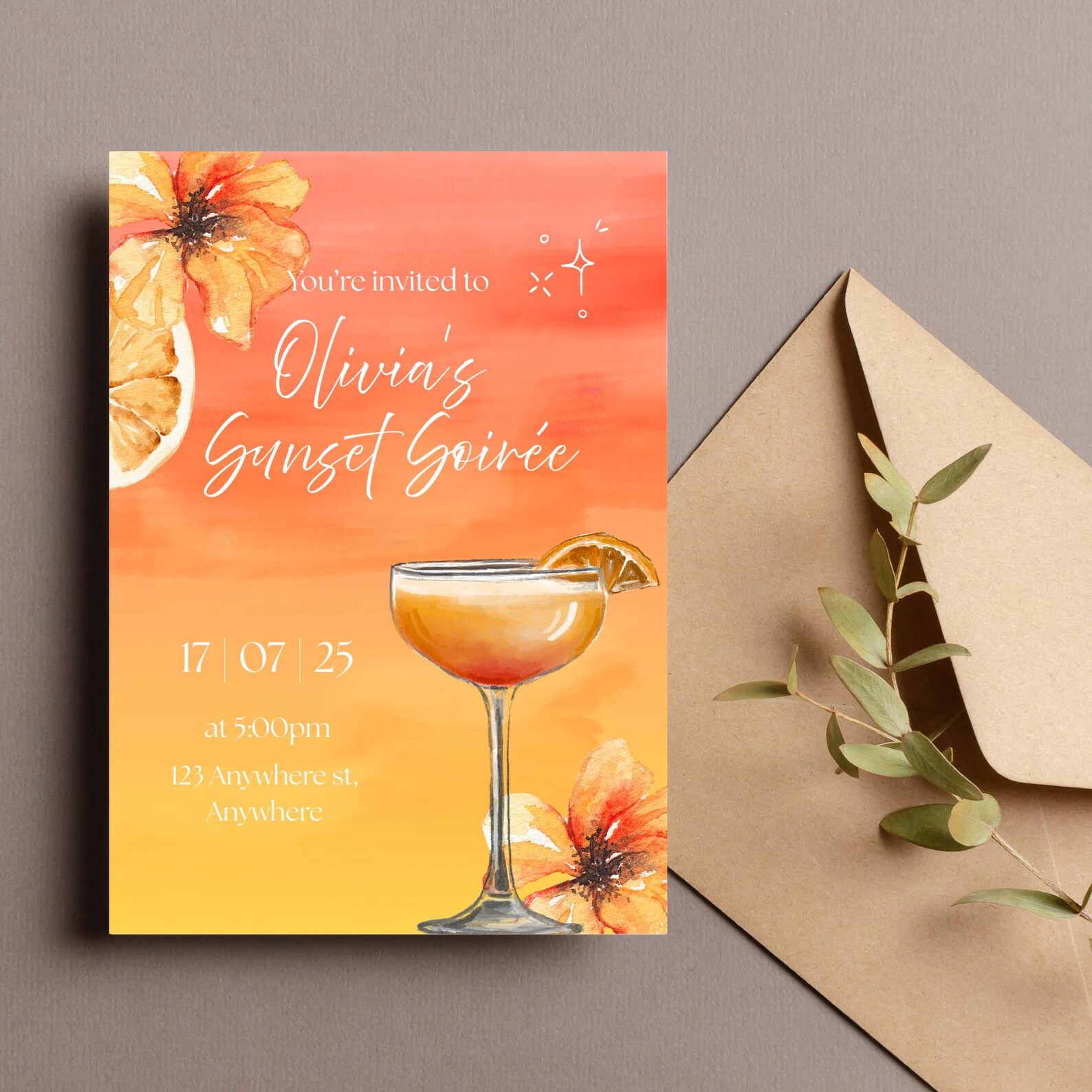 Editable Sunset Soirée Invitation Template | Tropical Summer Birthday ...