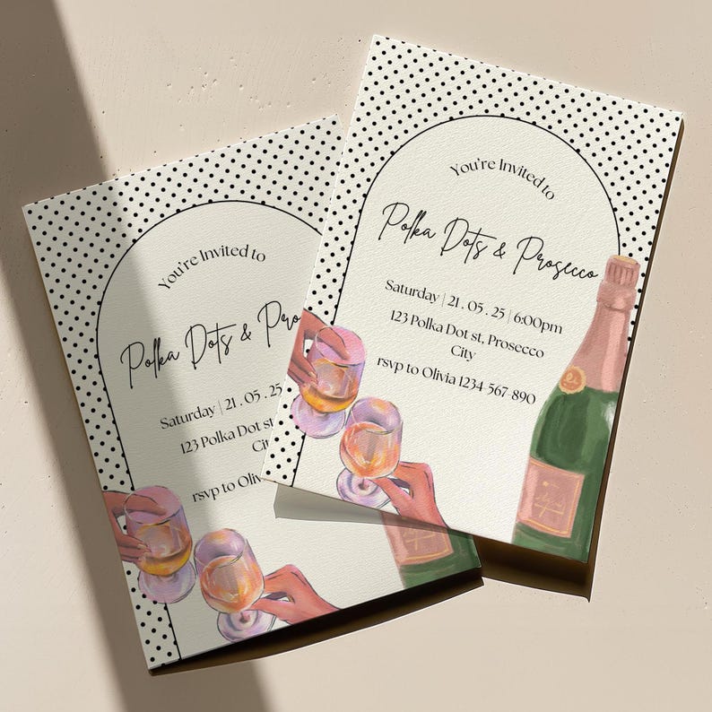 Polka Dots & Prosecco Invitation Template | Editable Canva Champagne ...