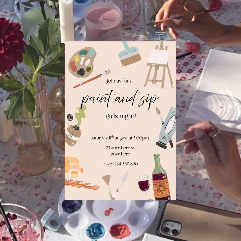 Paint and Sip Invitation Template | Girls Night Editable Canva Party ...