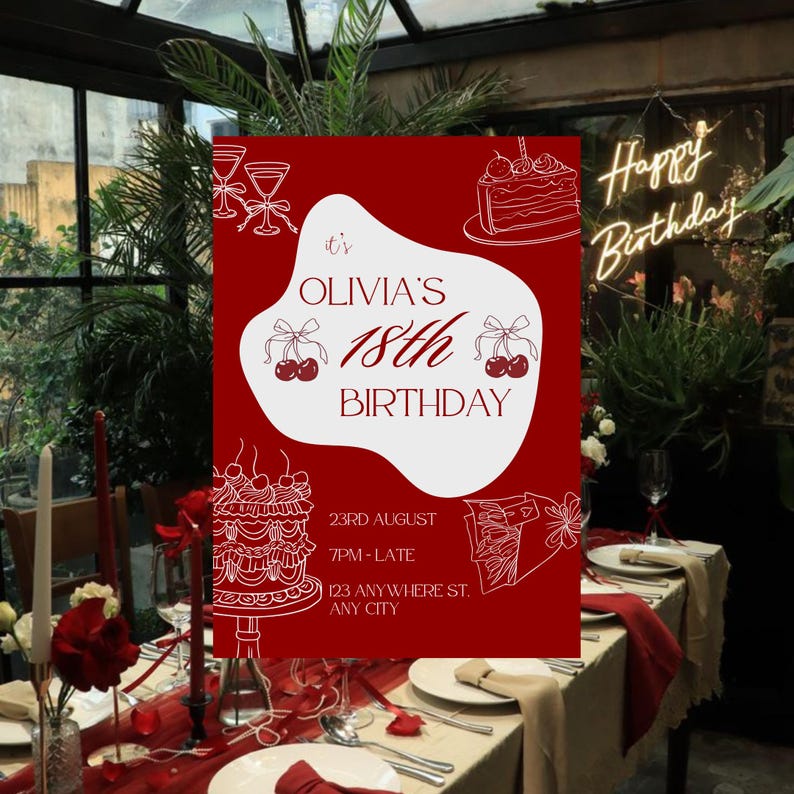 Cherry Red Party Invite Template | Editable 18th Birthday Invitation ...