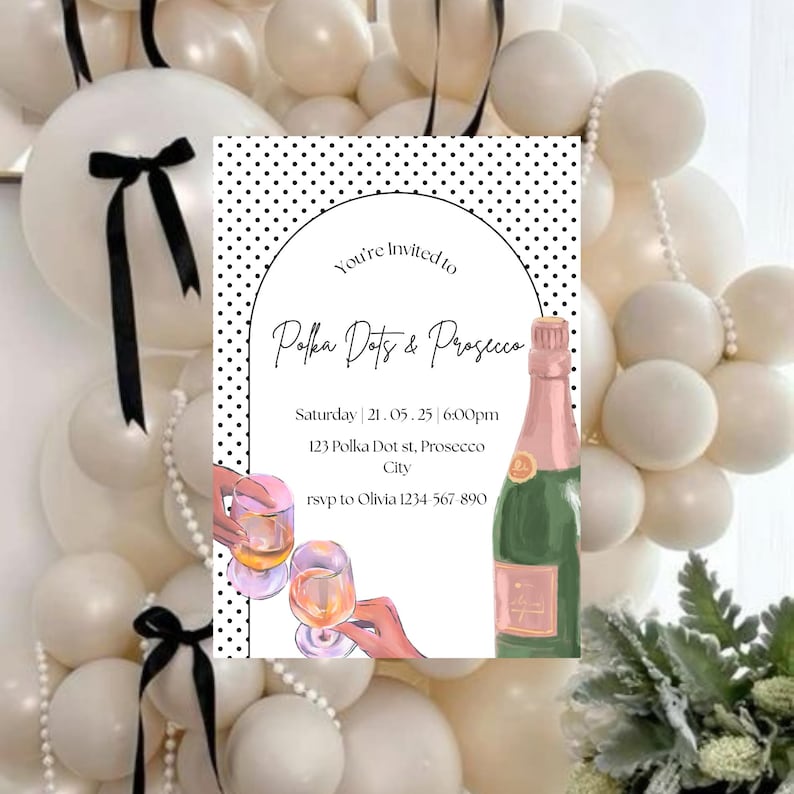 Polka Dots & Prosecco Invitation Template | Editable Canva Champagne ...