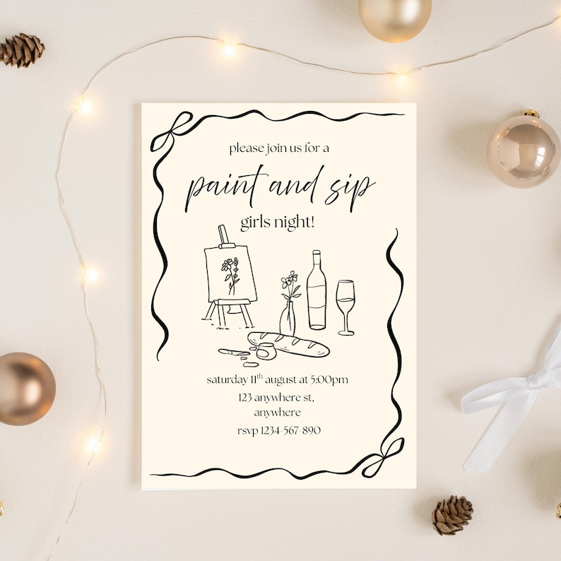 Paint and Sip Invitation | Girls Night Party Invite | Editable Canva ...
