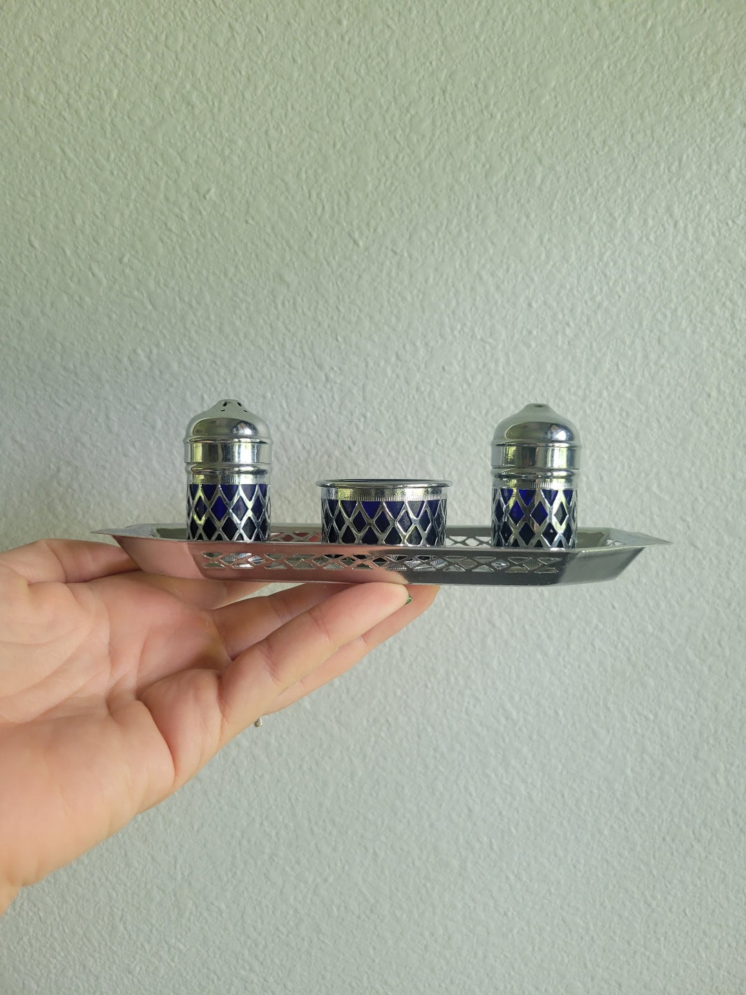 Cobalt Blue Mini Condiment Set W/ Chrome Tray Vintage - Etsy