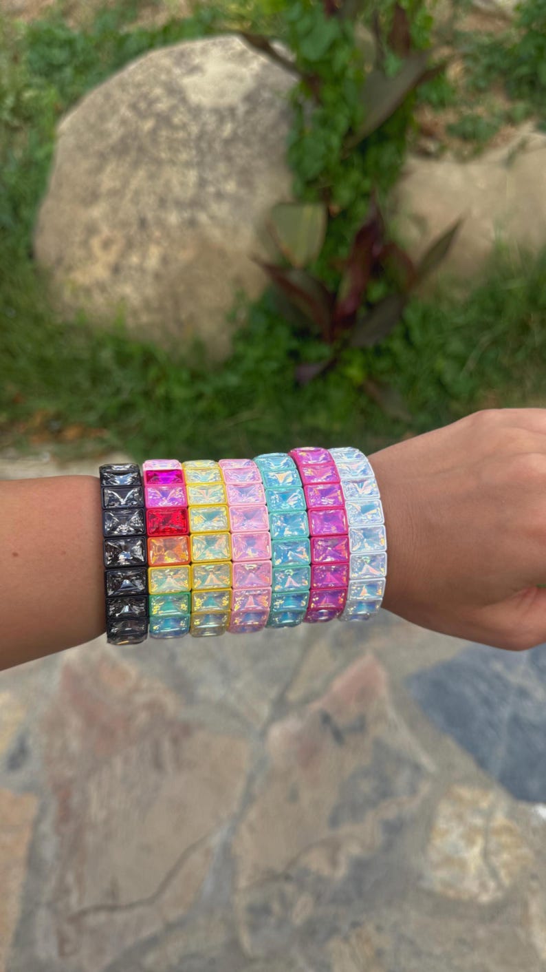 Rainbow Resin Square Bead Stretch Bracelet: Colorful Stackable Jewelry ...