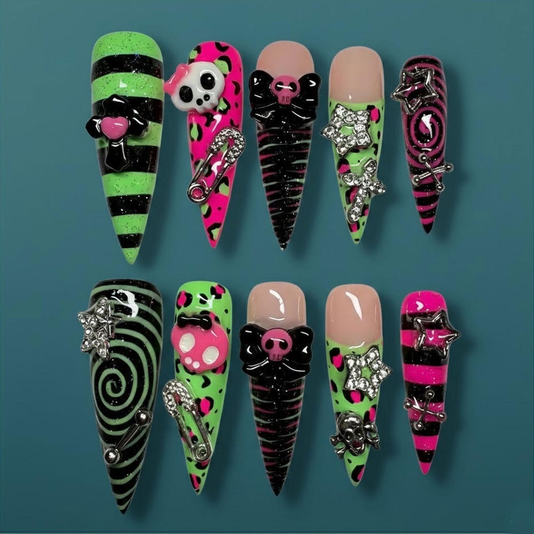 Neon Punk Scene-core Press-on Nails – 3D Black Skulls & Ribbons, Hot ...