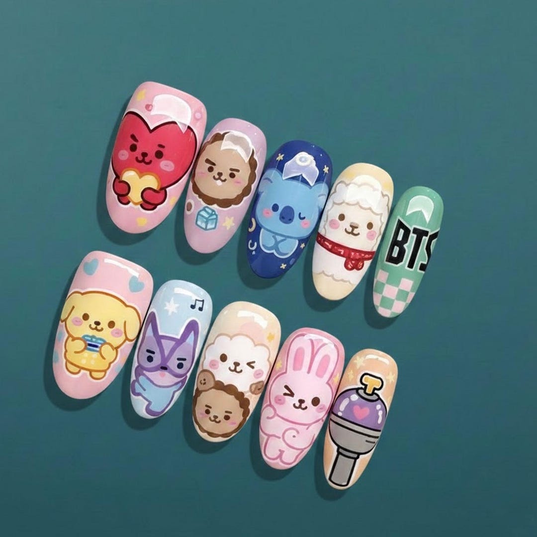 Handmade Blush Kawaii BT21 Press on Nails | Hand-painted Soft Pastel ...