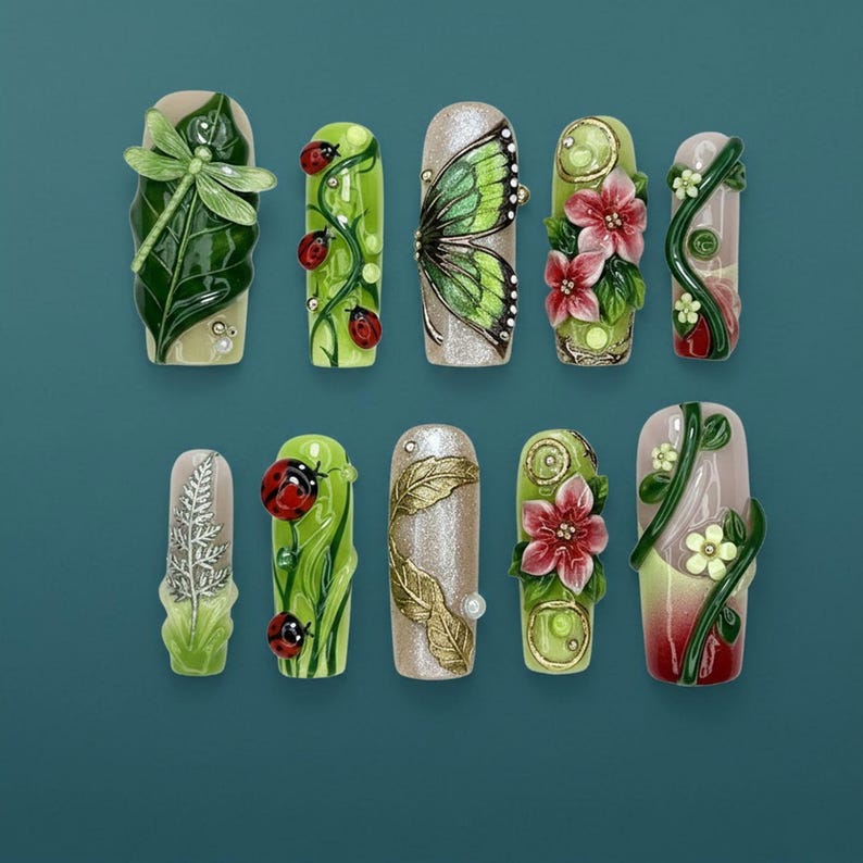 3D Enchanted Forest Press-on Nails – Dragonfly, Ladybug & Gold Leaf - Etsy