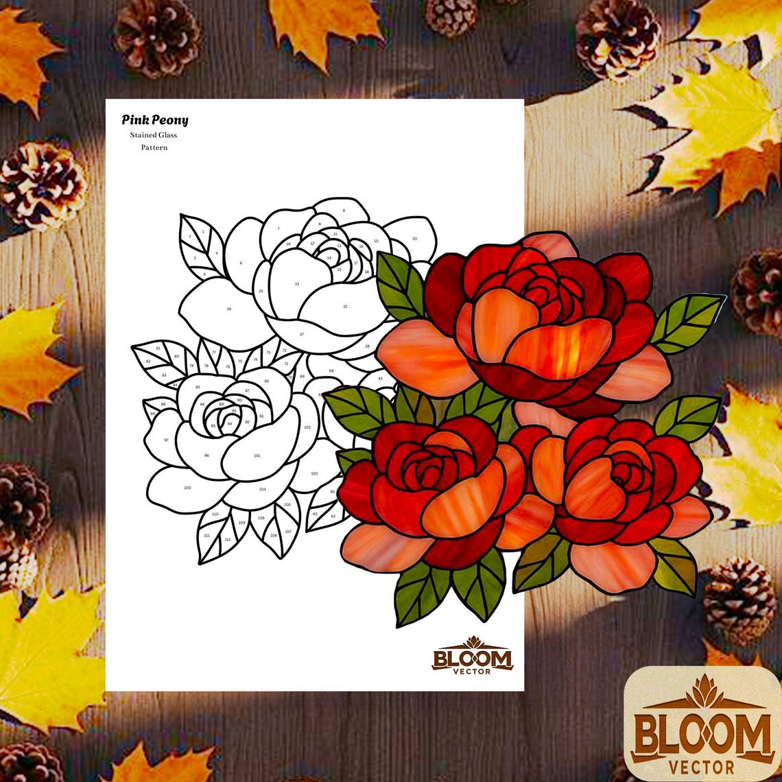 Pink Peony Stained Glass Pattern, Flower Stained Glass Pattern, Diy ...