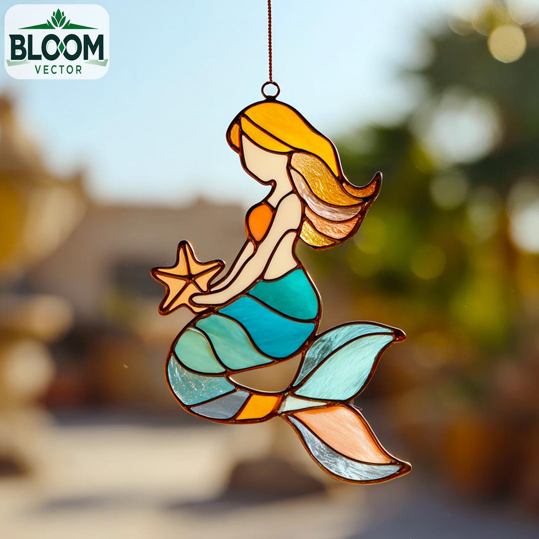 Mermaid Stained Glass Pattern: DIY Home Decor (PDF & PNG Files ...
