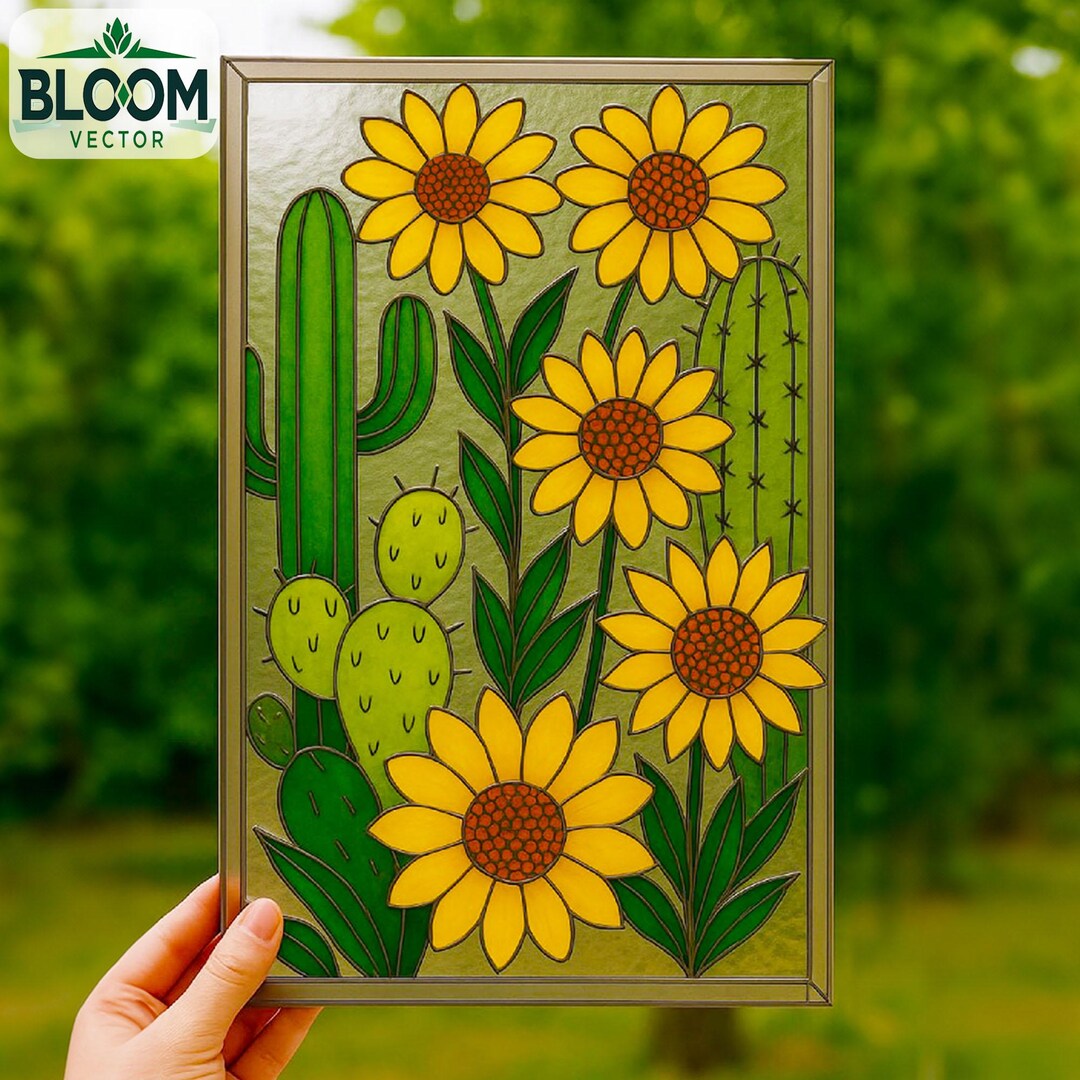Cactus and Flower Stained Glass Pattern: DIY Home Decor (PDF Pattern ...